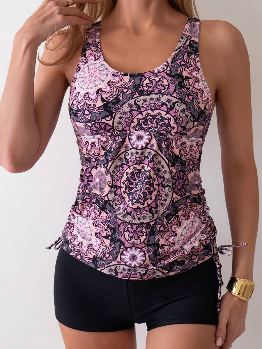 Swim Lushoire Women's Floral Print Drawstring Side Crop Top And Plain ...
