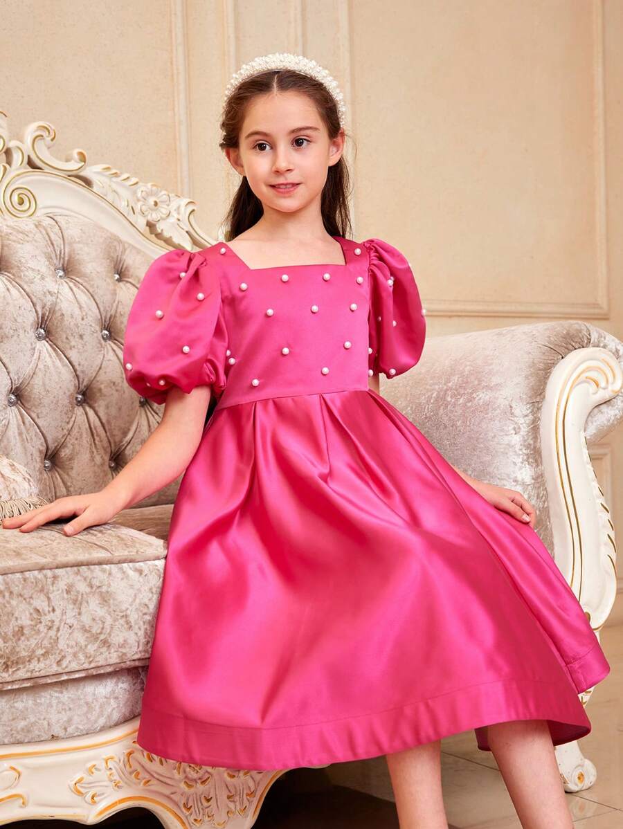 SHEIN Tween Girl's Gorgeous Square Neck Puff Sleeve Pearl Detail Mid ...