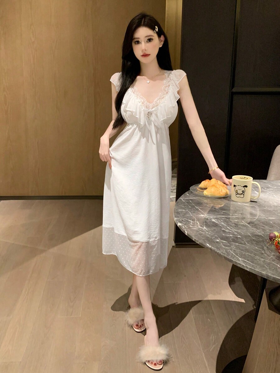 DAZY Women Romantic Mesh Lace Splicing Ruffled Hem Backless Nightgown ...