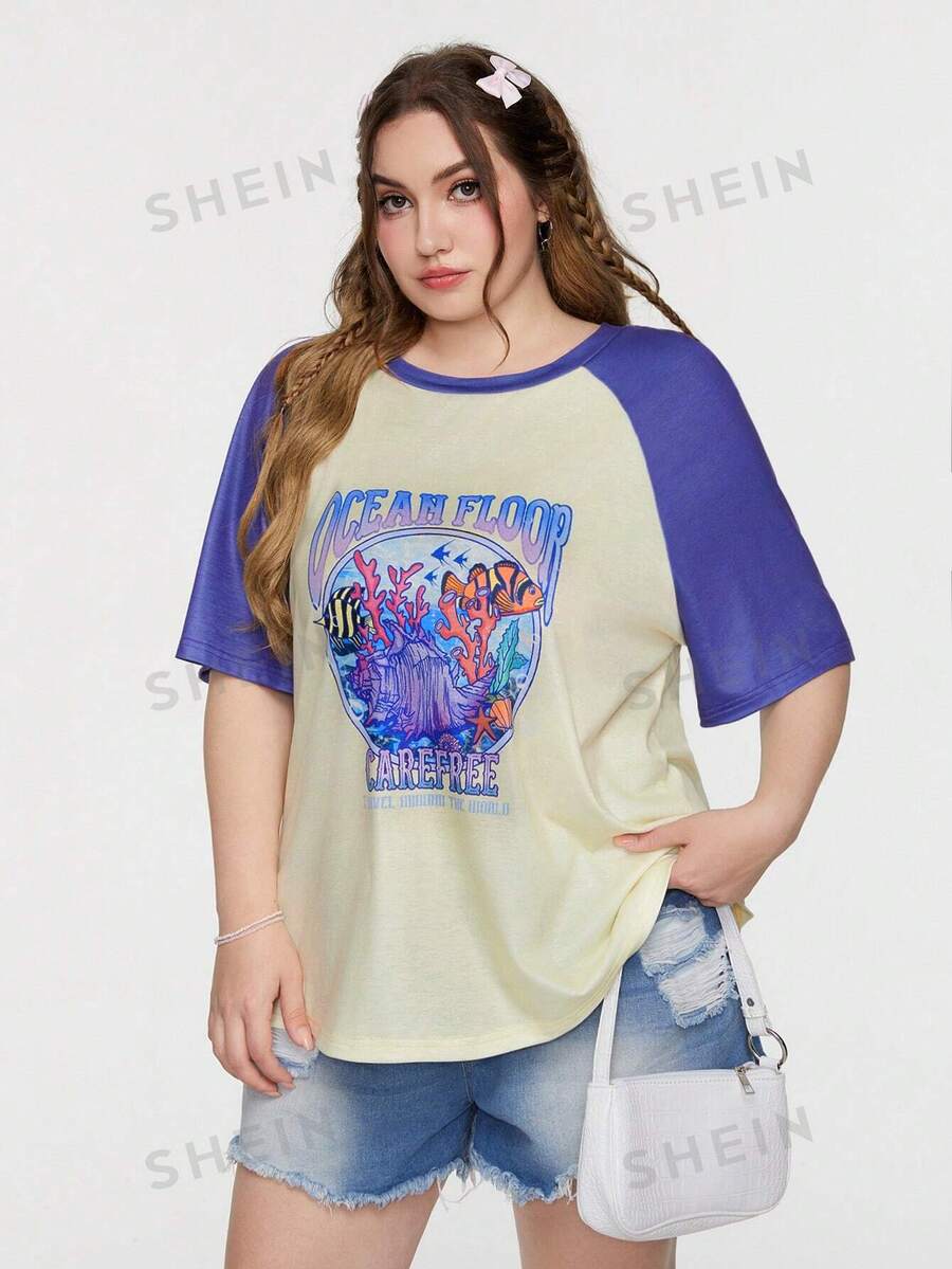 SHEIN Qutie Plus Size Fun Ocean Alphabet Print Color Block Drop Shoulder T-Shirt | SHEIN USA