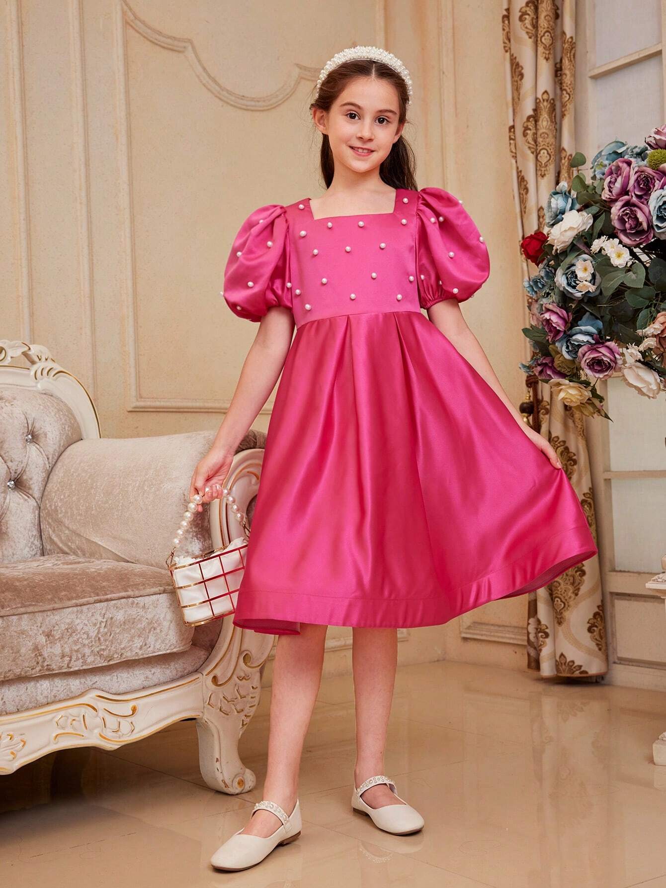 SHEIN Tween Girl's Gorgeous Square Neck Puff Sleeve Pearl Detail Mid ...