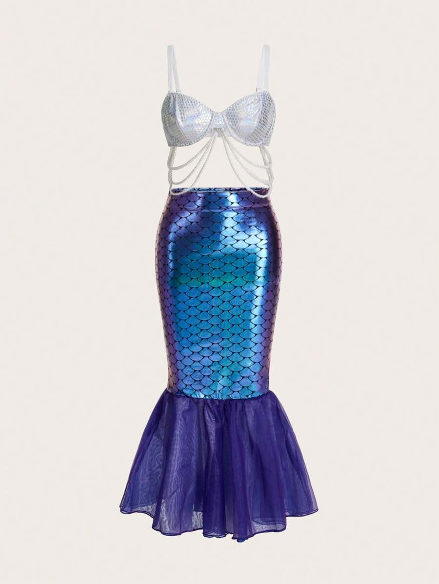 Holographic Fish Scale Print Pearls Beaded Mermaid Costume Set | SHEIN USA