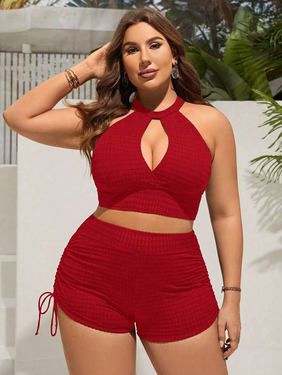 SHEIN Swim Curve Summer Beach Plus Size Solid Color Halterneck Hollow Out Tankini Set | SHEIN USA
