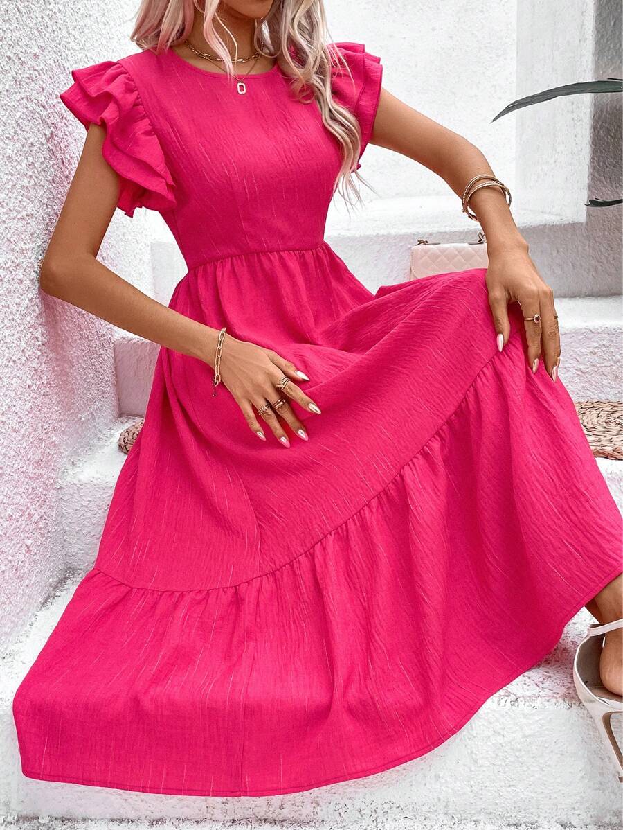 Solid Color Ruffled Waist Cinched Dress | SHEIN USA