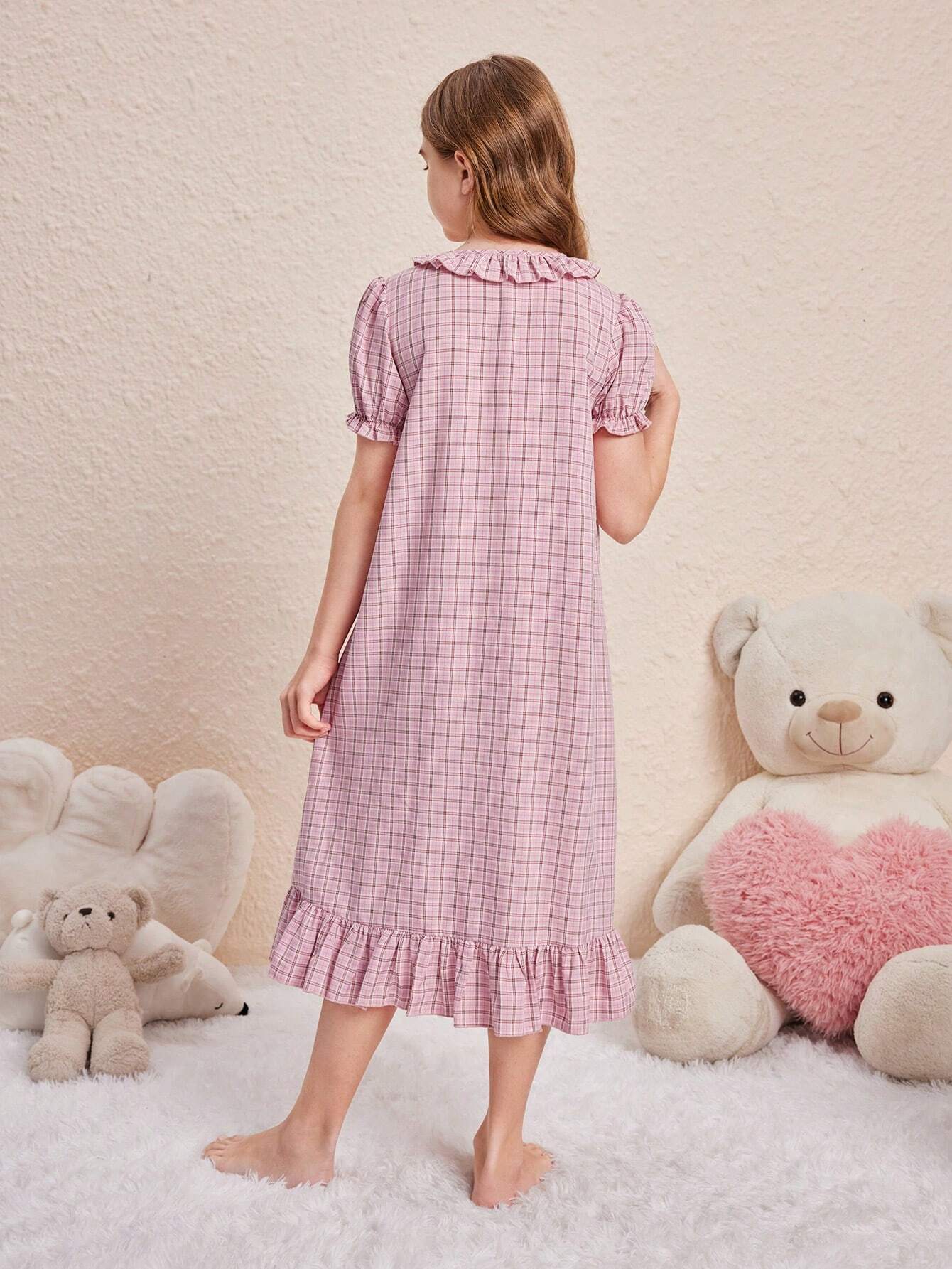 SHEIN Tween Girl Prairie Style Plaid House Dress With Lotus Leaf Hem ...