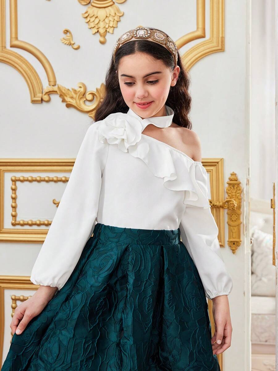 SHEIN Kids Nujoom Tween Girls' Slim Fit Asymmetrical Collar Ruffle Trim 3d Flower Long Sleeve ...