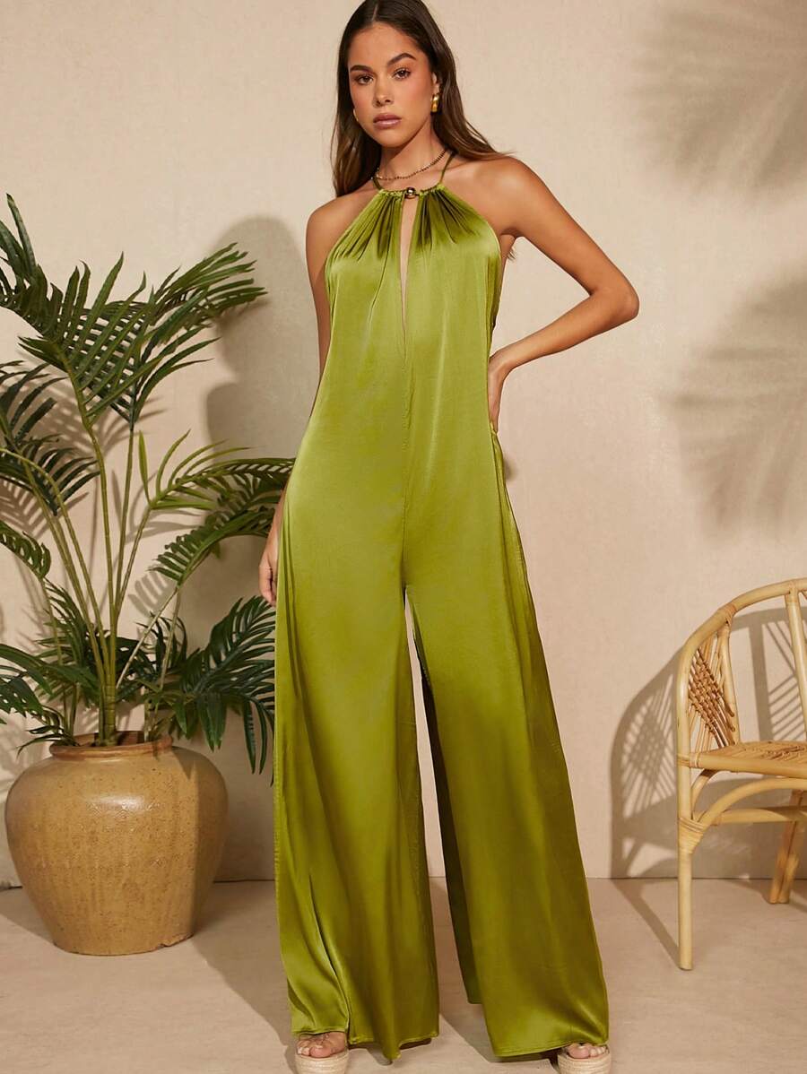 SHEIN Unity Women Fall Green Elegant Simple Open Shoulder Satin Halter ...