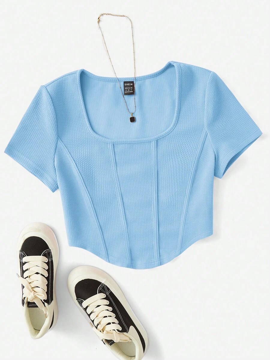 SHEIN EZwear Square Neck Seam Front Tee | SHEIN USA