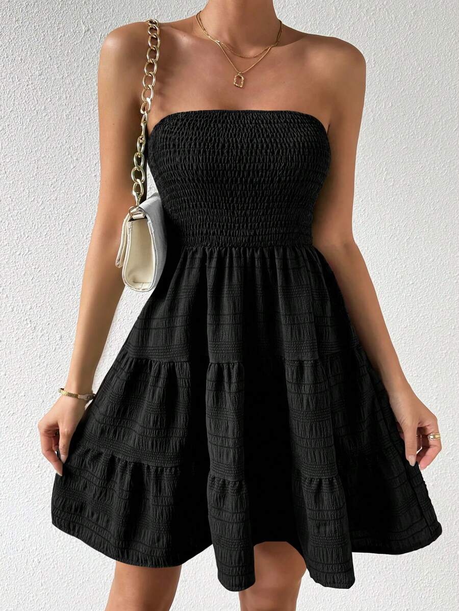 SHEIN Relaxiva Solid Color Ruffles Hem Strapless Dress | SHEIN USA