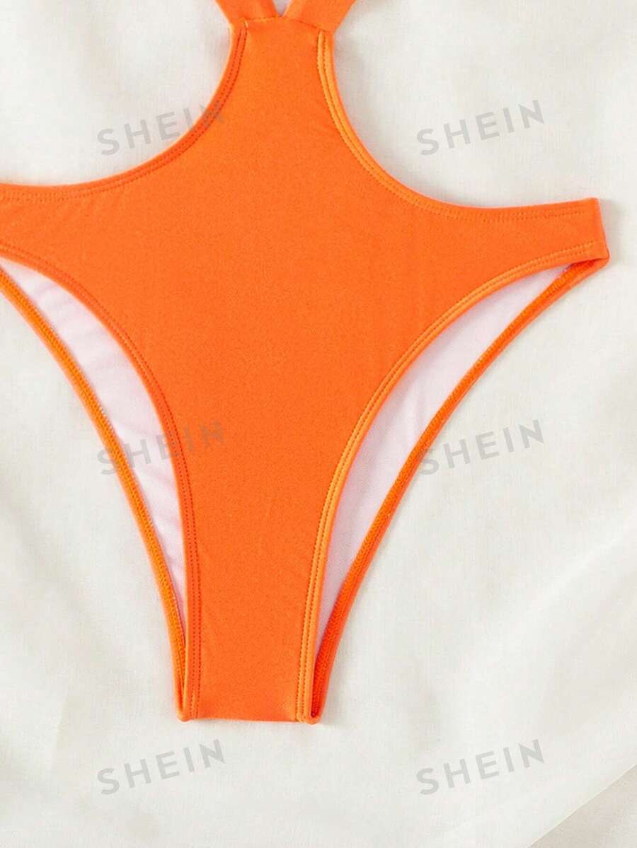 Shein Swim Sxy Solid Color Halter Neck Cut Out One Piece Swimsuit