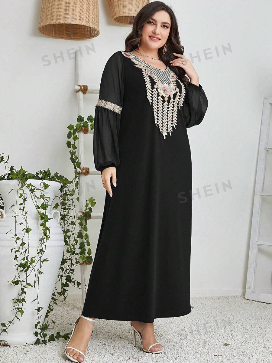 SHEIN Najma Vestido Árabe de Plus Size Feminino com Aplicação Floral e ...