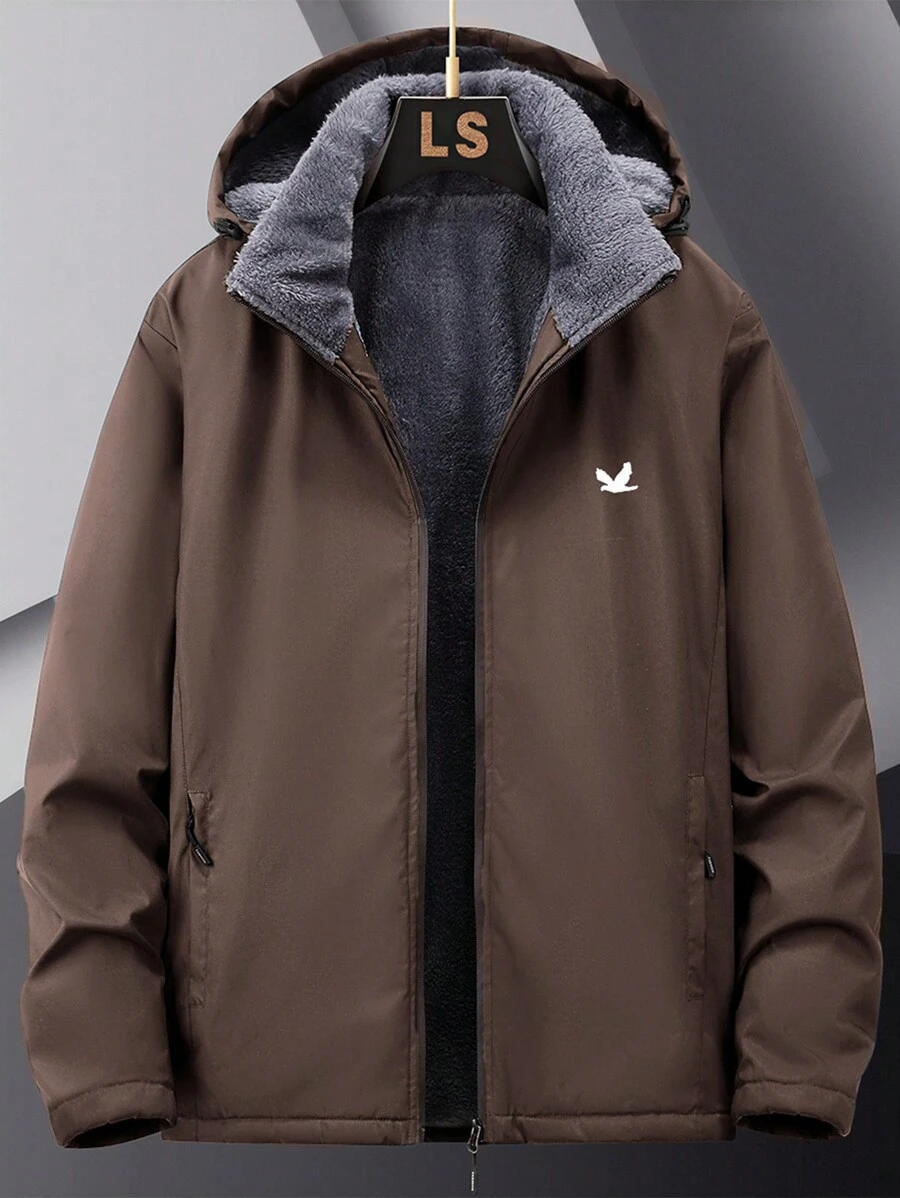 Manfinity Homme Men's Eagle Print Hooded Fleece Coat With Long Sleeves ...