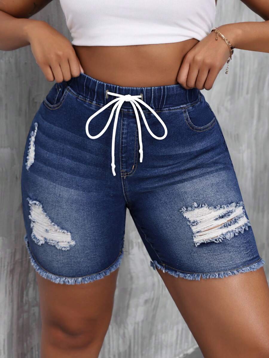 SHEIN SXY Plus Size Distressed Drawstring Denim Shorts Suitable For ...