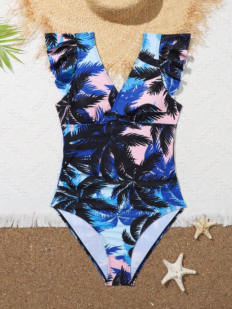 Teen Girl Coconut Tree Print Ruffled One-Piece Swimsuit With Decorative ...