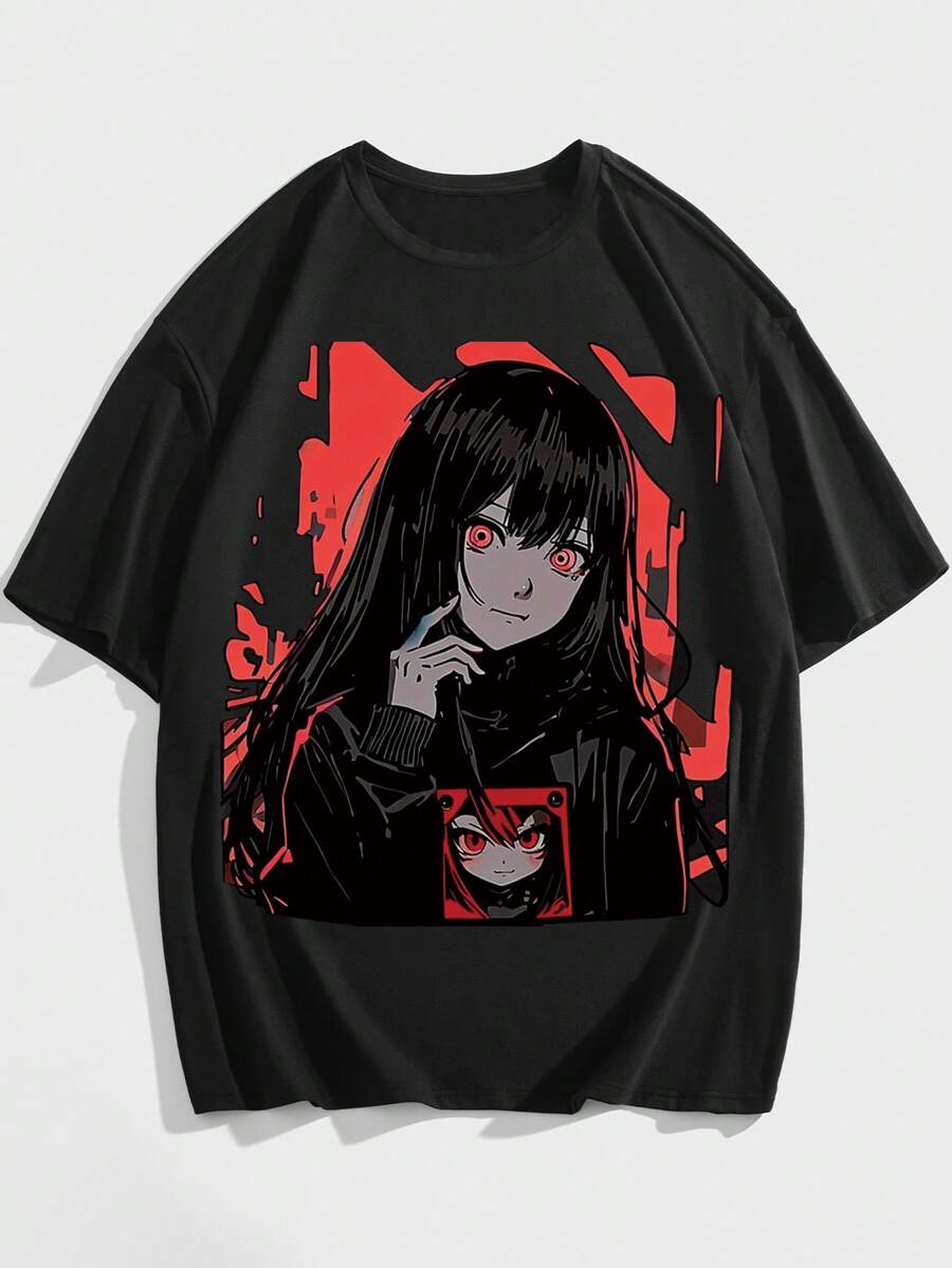 ROMWE Anime Men's Portrait Print Round Neck Short Sleeve T-Shirt ...