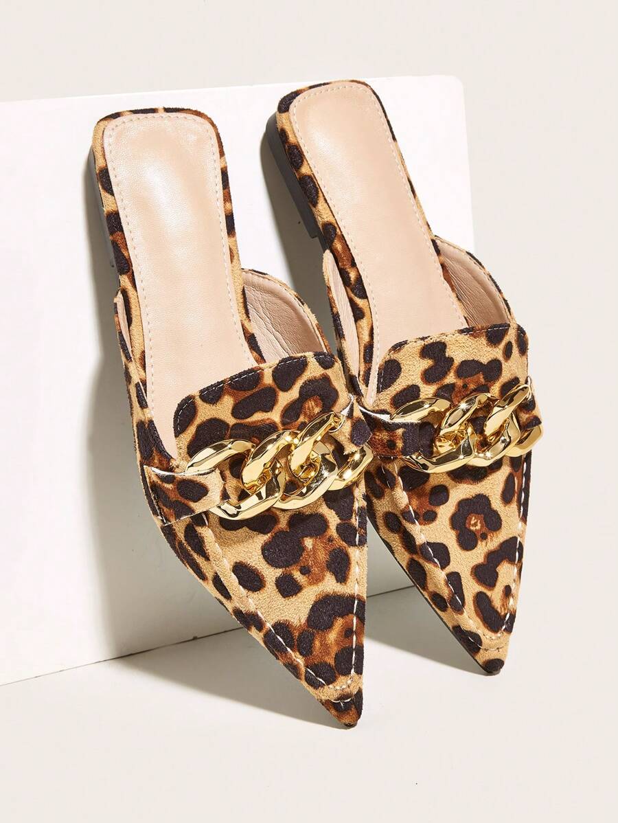Women's Pointed Toe Mule Flats, Fashionable Leopard Print Open-Toed ...