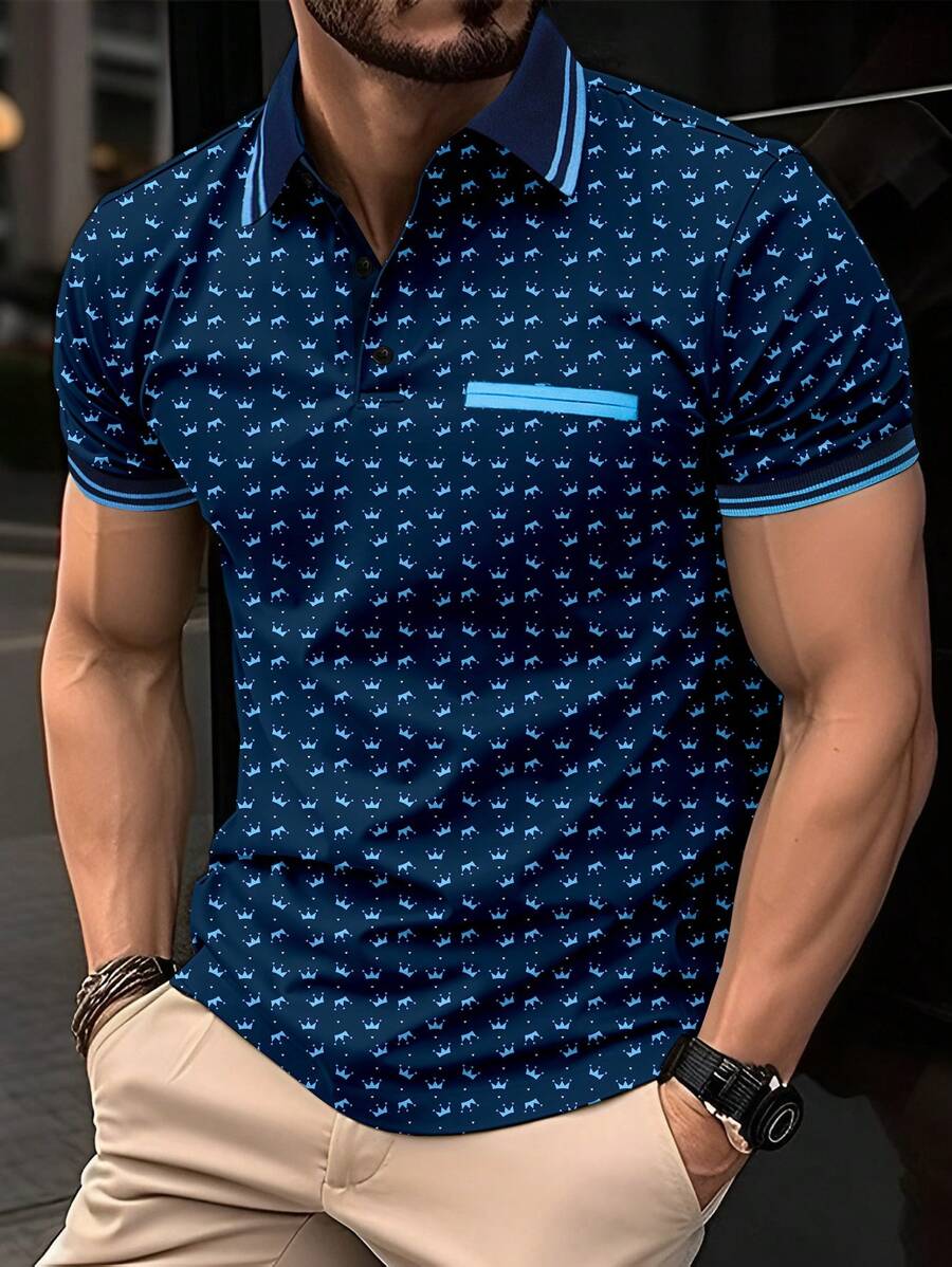 Manfinity Mode Men Crown Printed Short Sleeve Collar Business Casual Polo Shirt, For Husband ...
