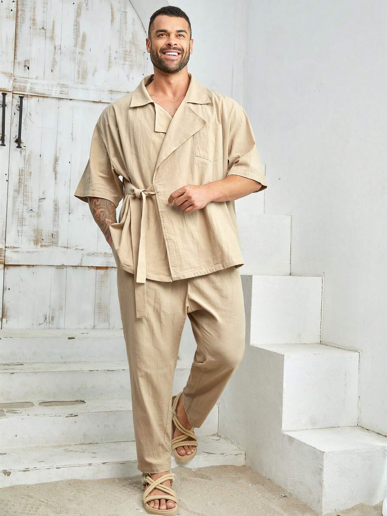 Manfinity Homme Men's Plus Size Solid Color Casual Shirt And Pants Set | SHEIN USA