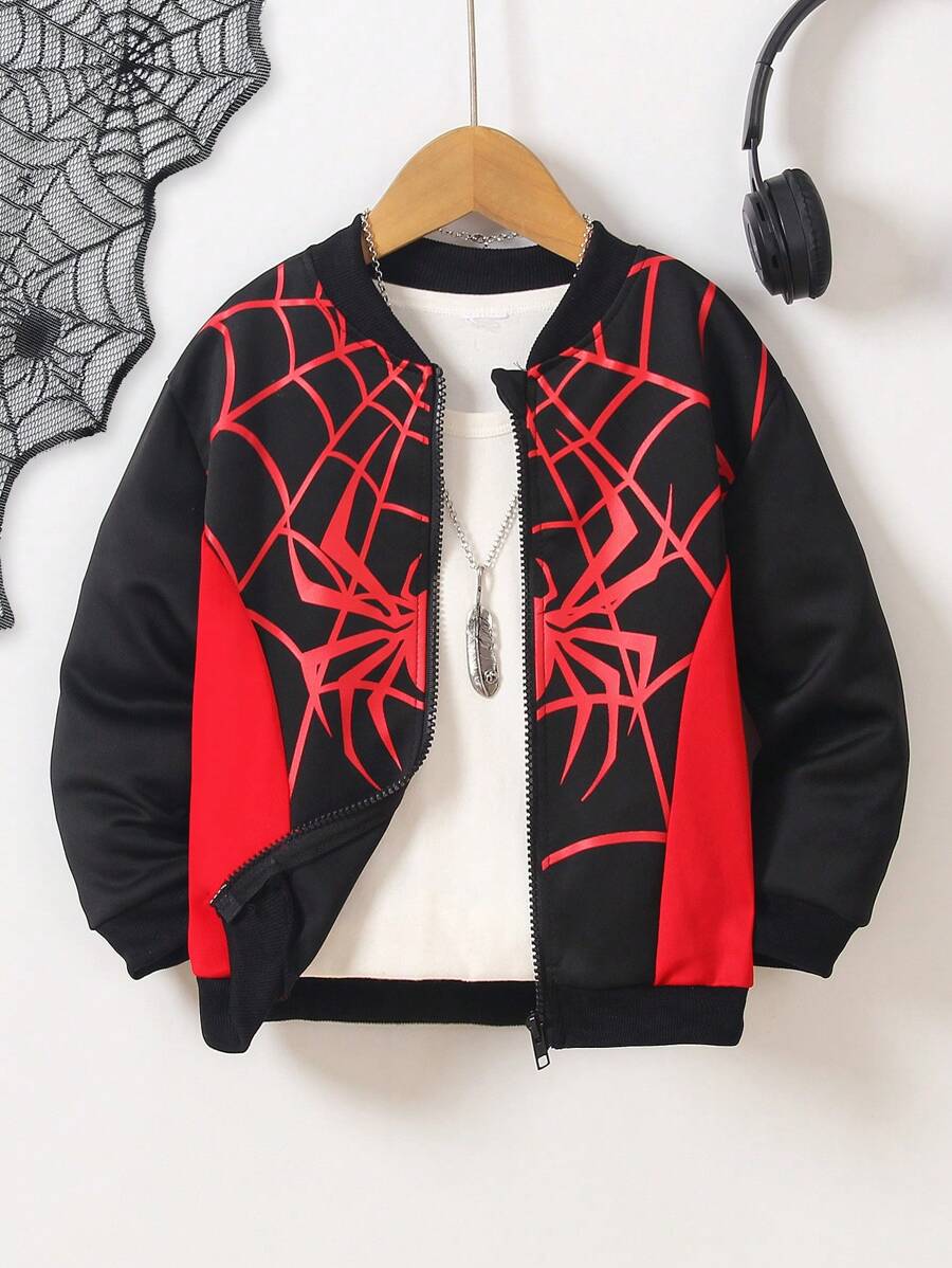 SHEIN Young Boy Spider Printed Long Sleeve Zipper Jacket, Casual, Cute ...