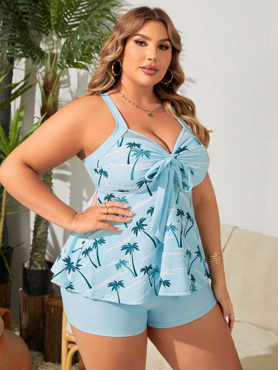 Swim Lushoire Palm Tree Print Plus Size Women's Swimsuit With Front ...