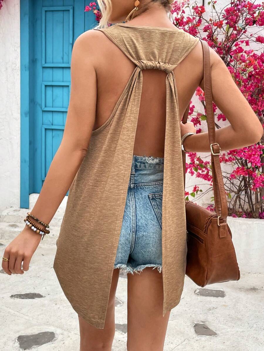 Breezaya Women's Knitted Backless Tank Top With Split Back For Summer ...