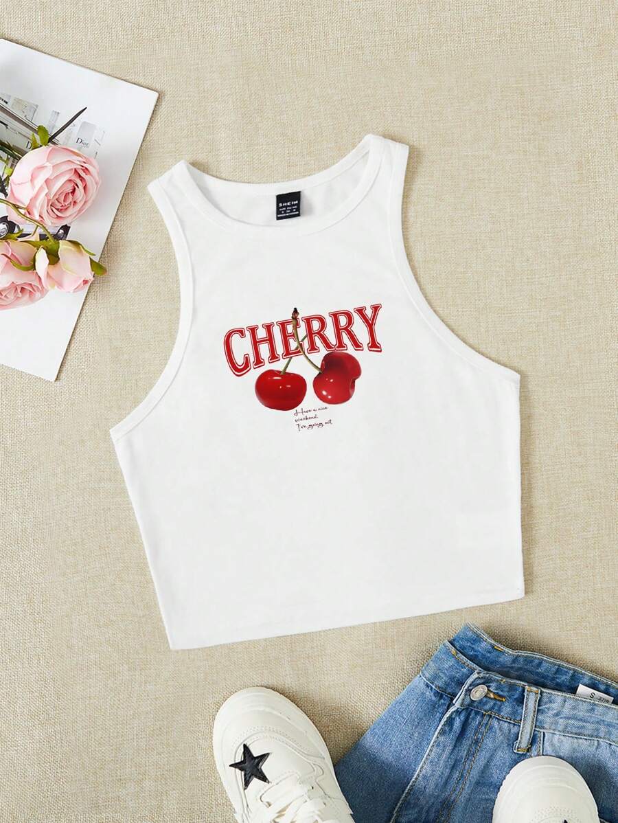 SHEIN EZwear Casual Minimalist Cherry Pattern Fitted Plus Size Women ...