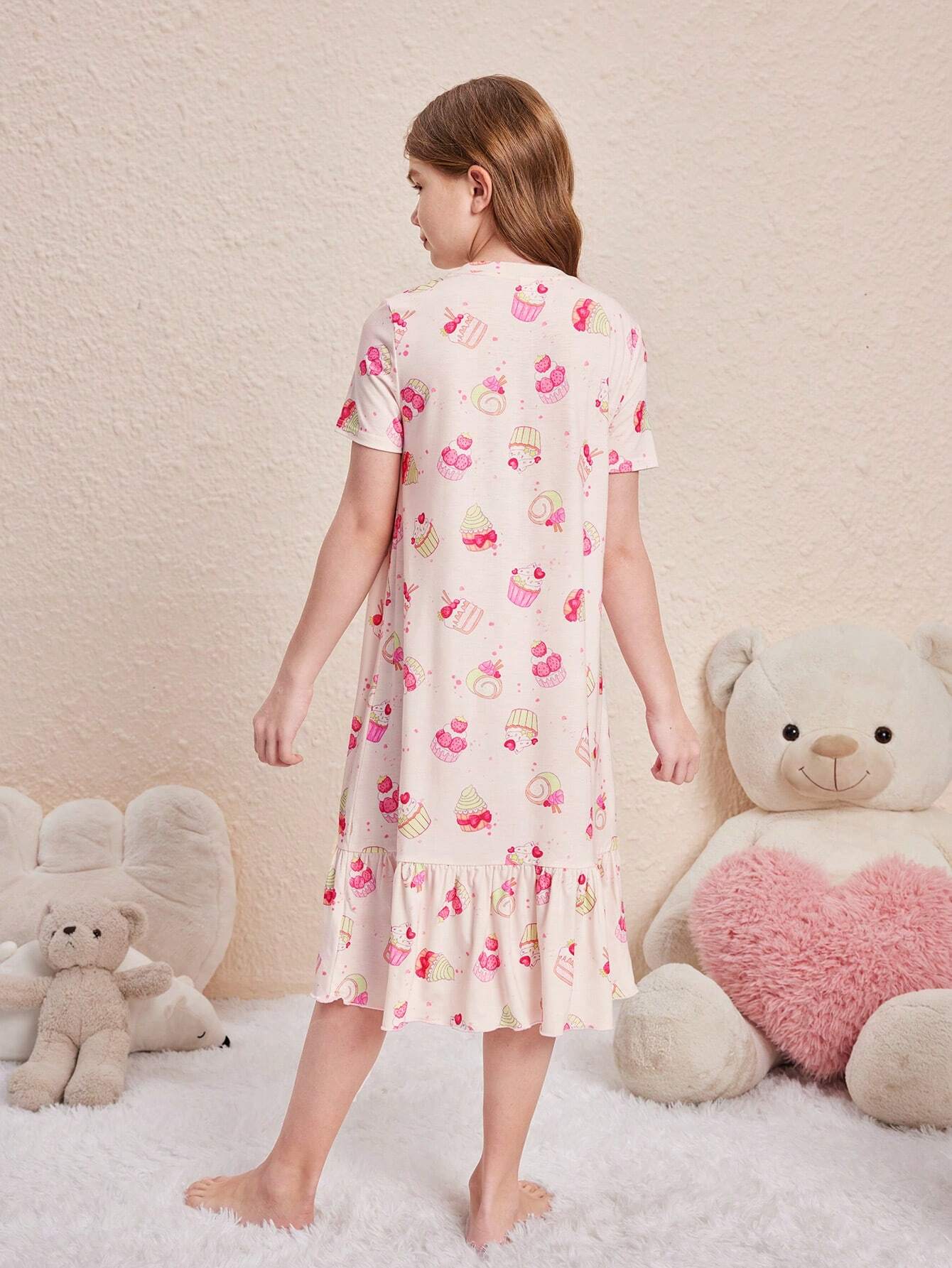 SHEIN Tween Girls' Knit Sweet Food Pattern Loose Fit Casual Nightgown ...