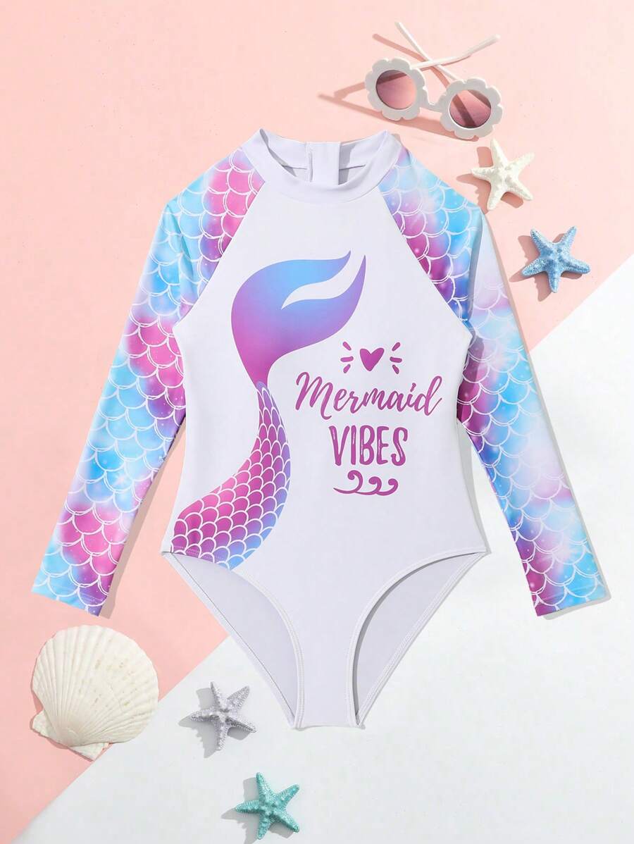 Tween Girls' One-Piece Mermaid Tail Pattern Swimsuit With Back Zipper ...