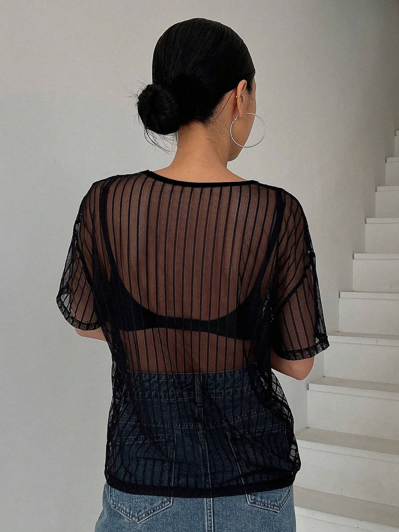 DAZY Striped Mesh Drop Shoulder Top Without Bra Sheer Top | SHEIN USA