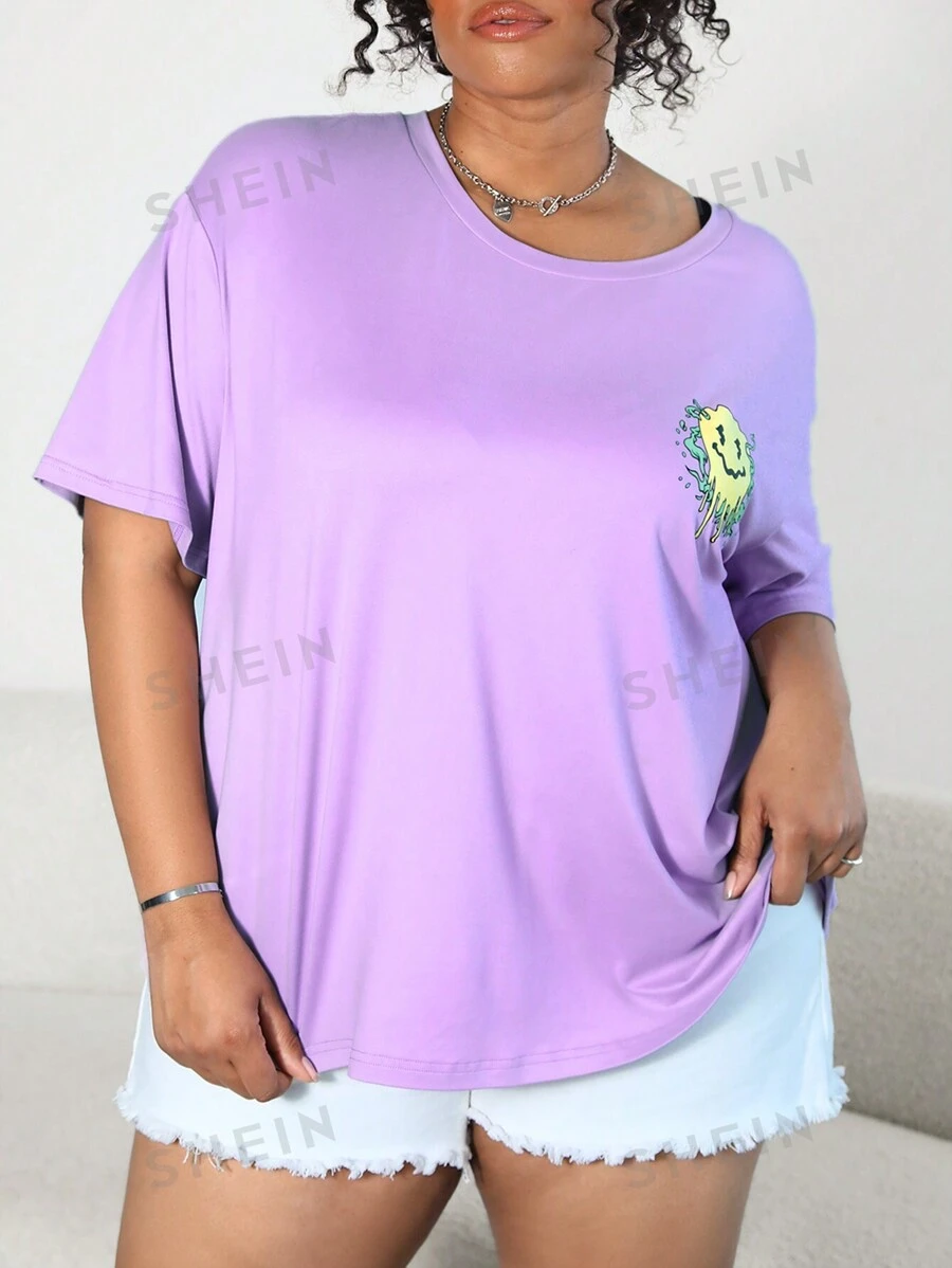 SHEIN CURVE+ Plus Size Women's Purple Loose-Fit Drop Shoulder Knit T ...