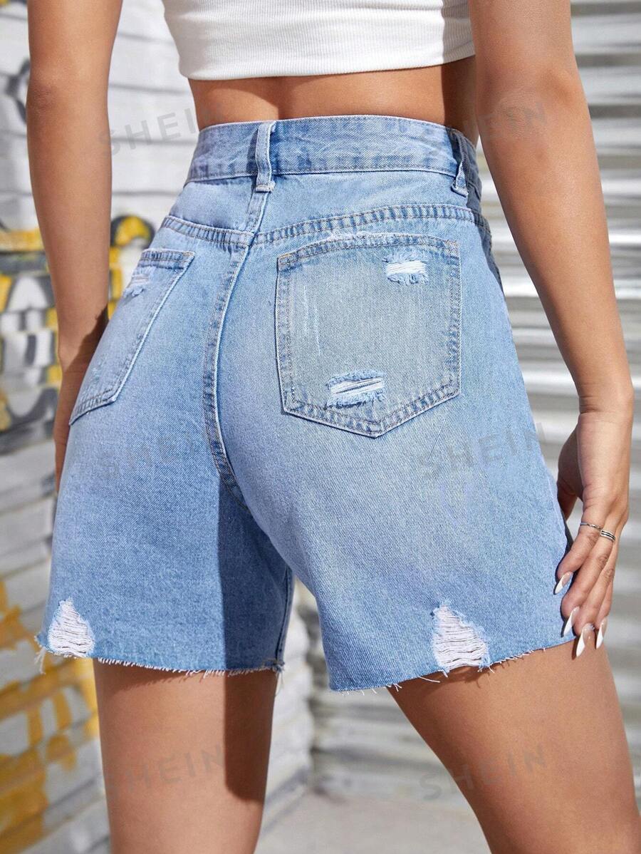 SHEIN EZwear High Waist Ripped Denim Shorts, Mom Shorts | SHEIN USA