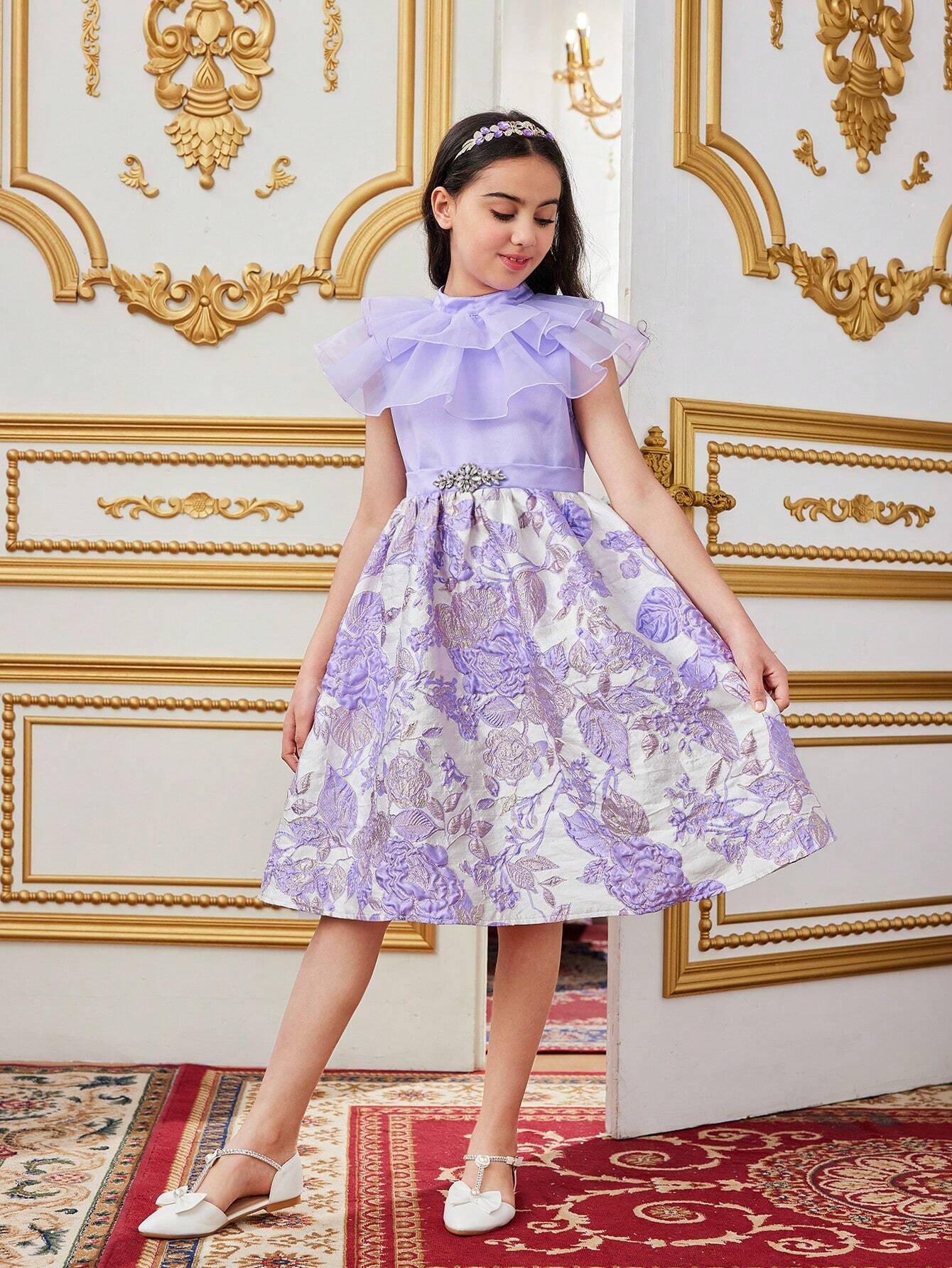 SHEIN Elegant Double Layered Tulle Ruffle Collar Jewel-Button Floral ...