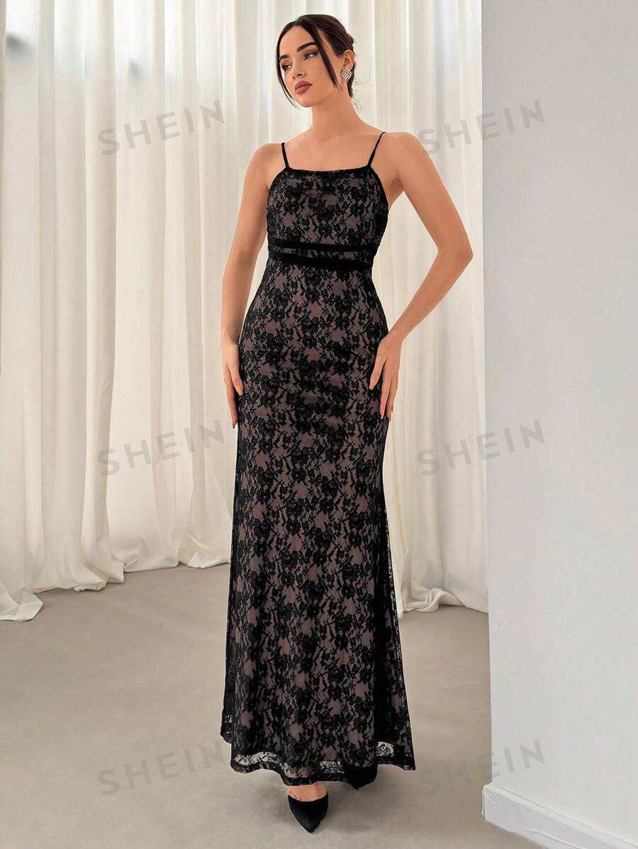 SHEIN Aloruh Women's Elegant & Sexy V-Neck Pleated Lace Mermaid Maxi Dress With Spaghetti Straps ...