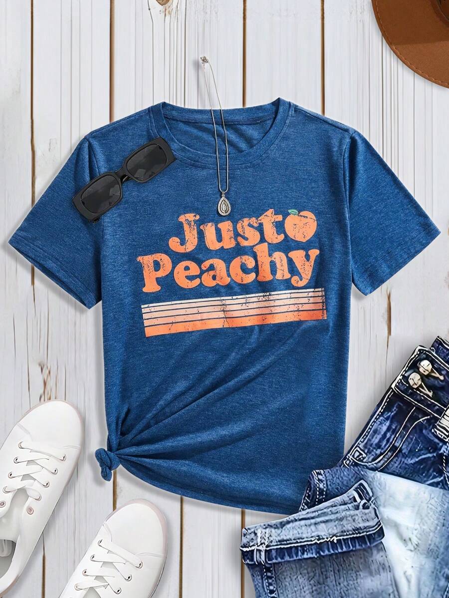 Shein Lune Plus Size Striped Letter Printed Casual Short Sleeve T Shirt Just Peachy Women