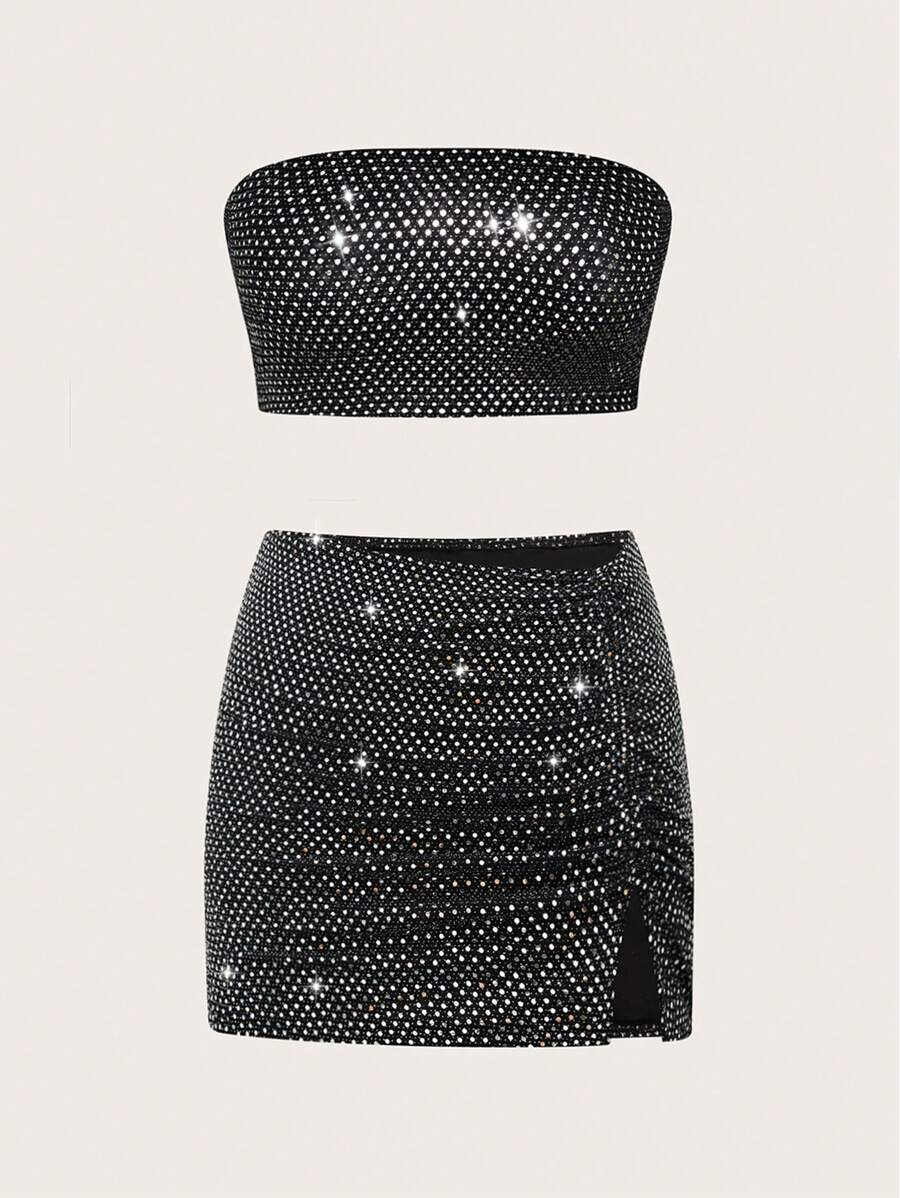 EgrlEra Women's Strapless Top With Rhinestones And High-Waisted Skirt ...