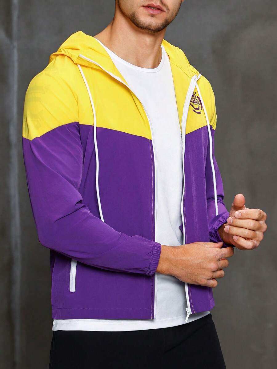 Men's Hooded Zip Up Colorblock Jackets With Letter Print And Drawstring ...