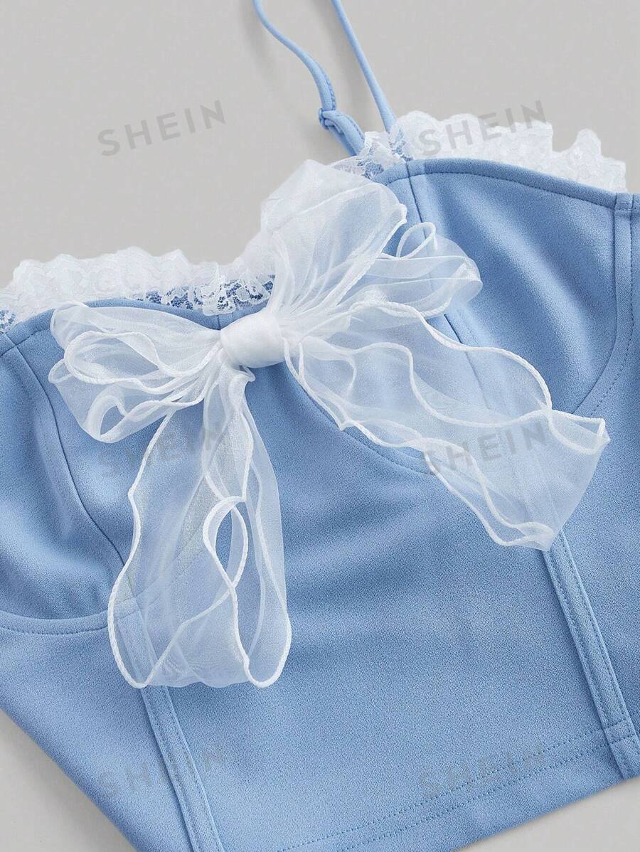 SHEIN MOD Women's Lace Spliced Mesh Bow Pink Cami Top | SHEIN UK