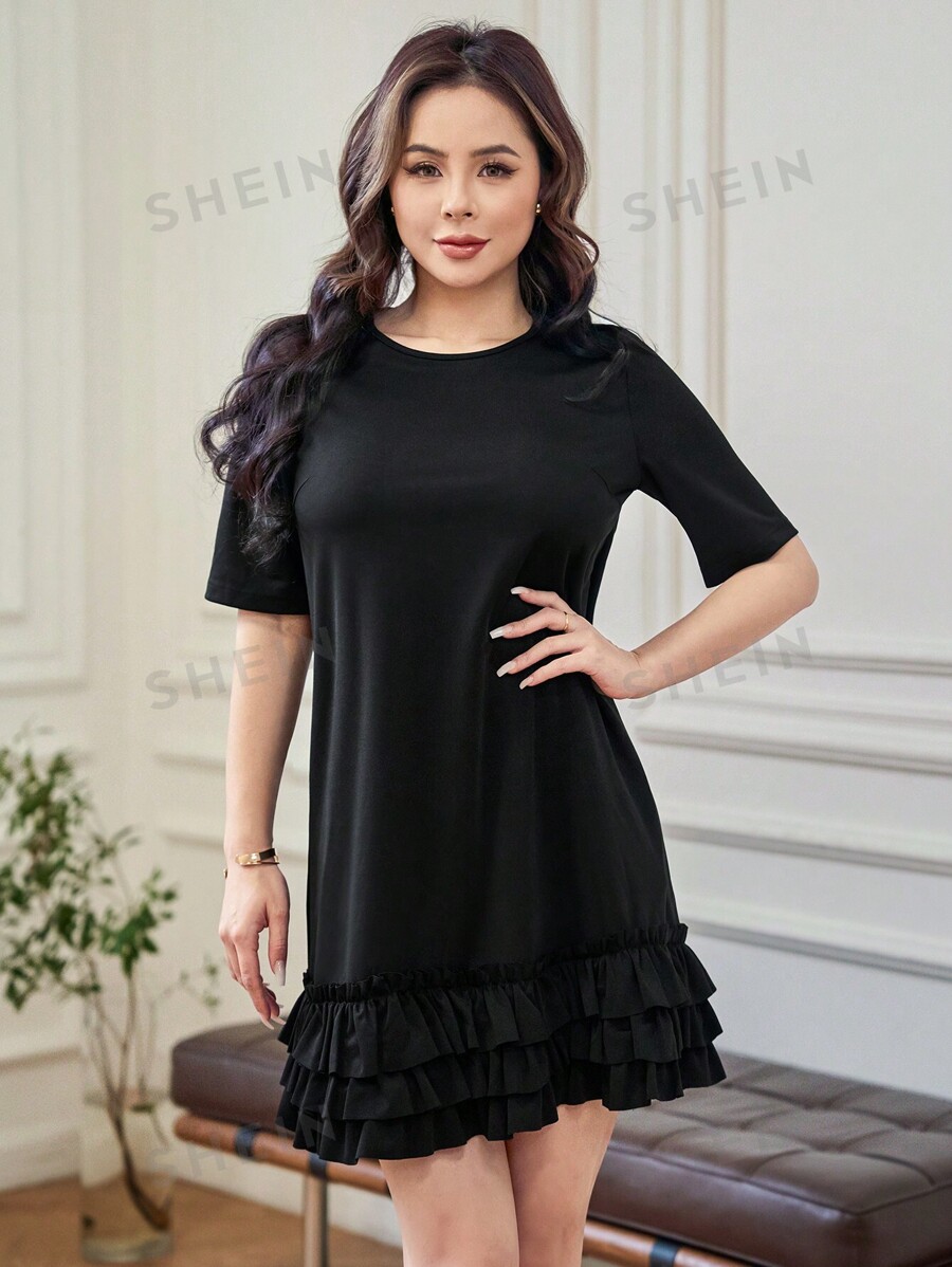 DAZY Damen Einfarbiges Rundhals Kurzarm T-shirt Kleid Mit Rüschen Saum | aktuelle Trends ...