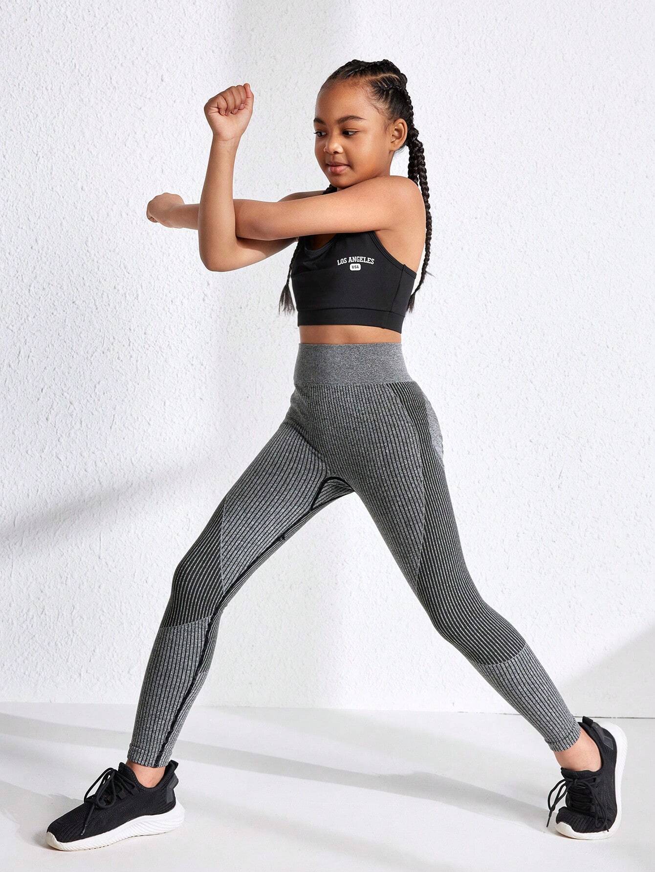 Tween Girl Fitness Color Block Striped Sports Leggings | SHEIN USA
