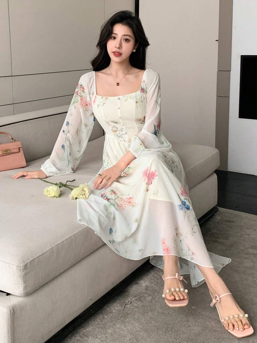 DAZY Floral Print Square Neck Lantern Sleeve Midi Dress,Fall Dress Long ...