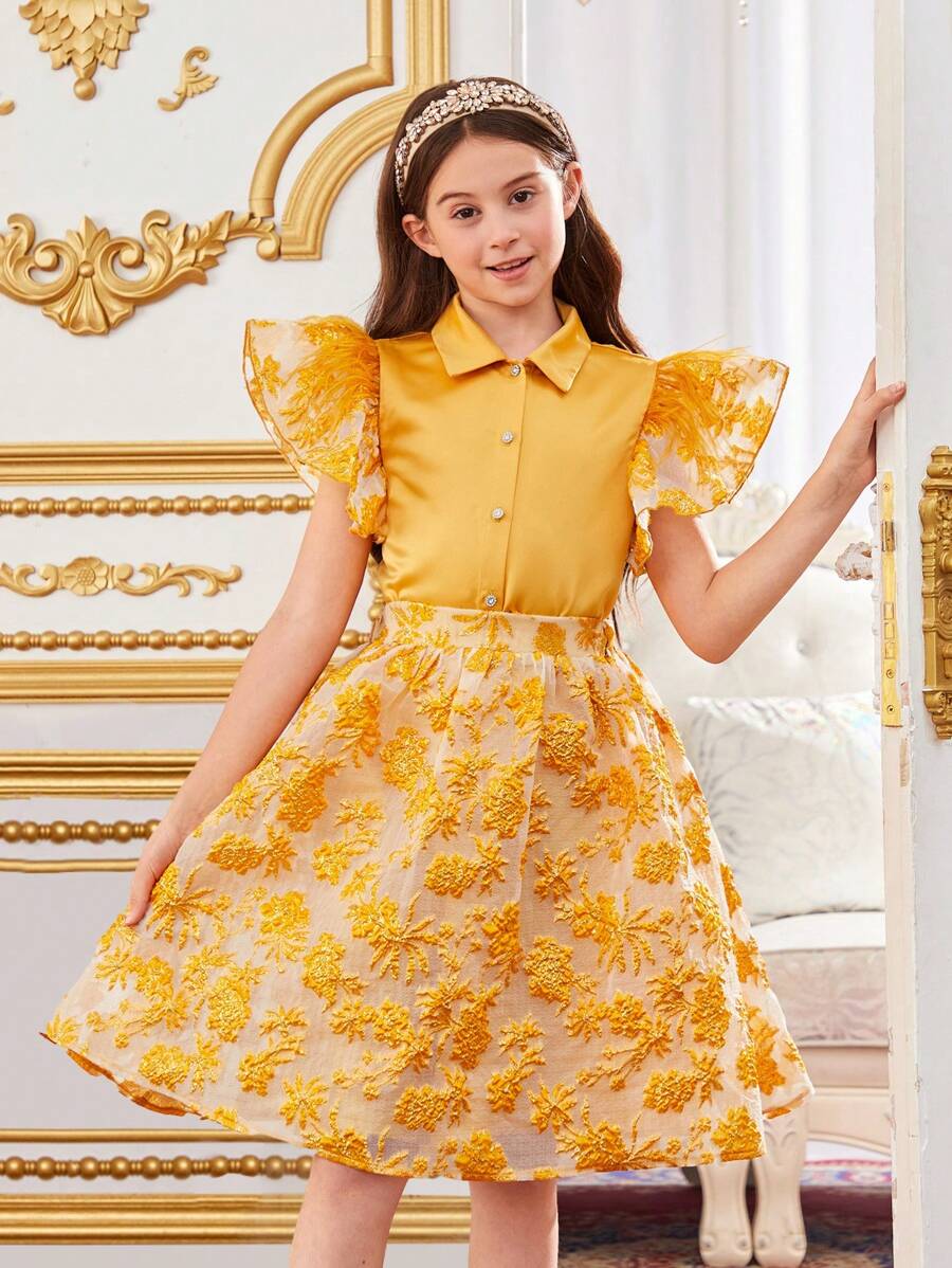 SHEIN Tween Girls' Cute Jacquard Patchwork Cap Sleeve Shirt And Skirt ...