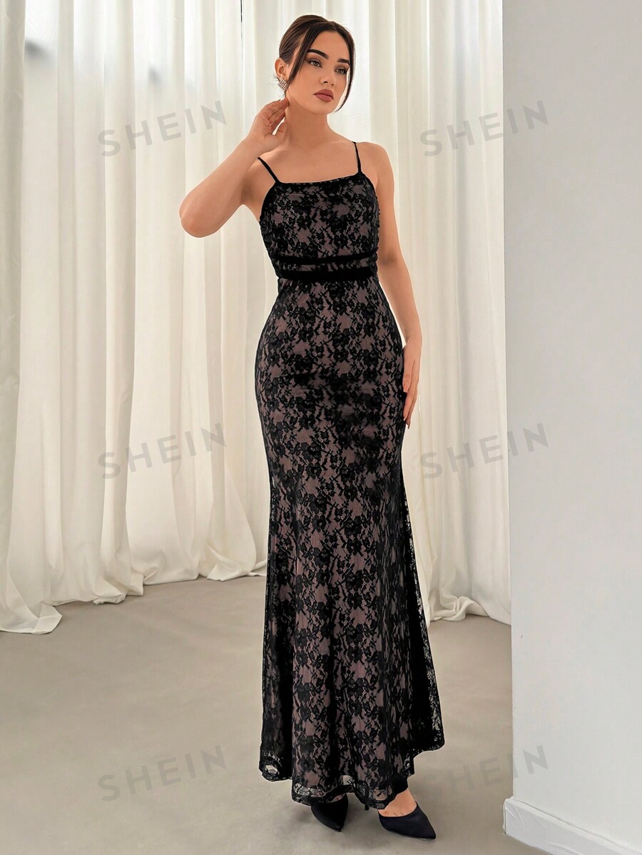 SHEIN Aloruh Women's Elegant & Sexy V-Neck Pleated Lace Mermaid Maxi Dress With Spaghetti Straps ...