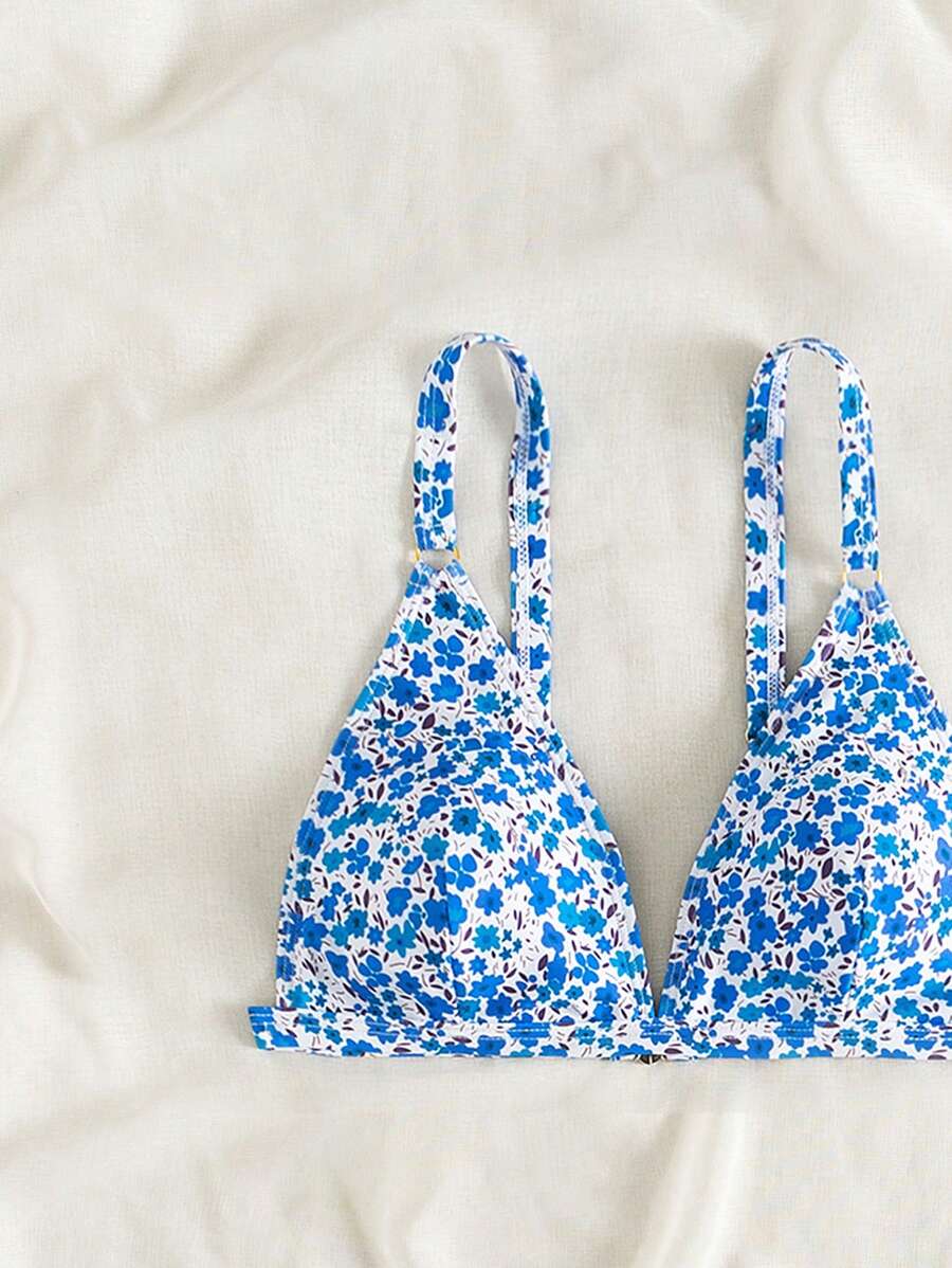 Shein Swim Womens Clean Fit Floral Print Bikini Top For Swimming