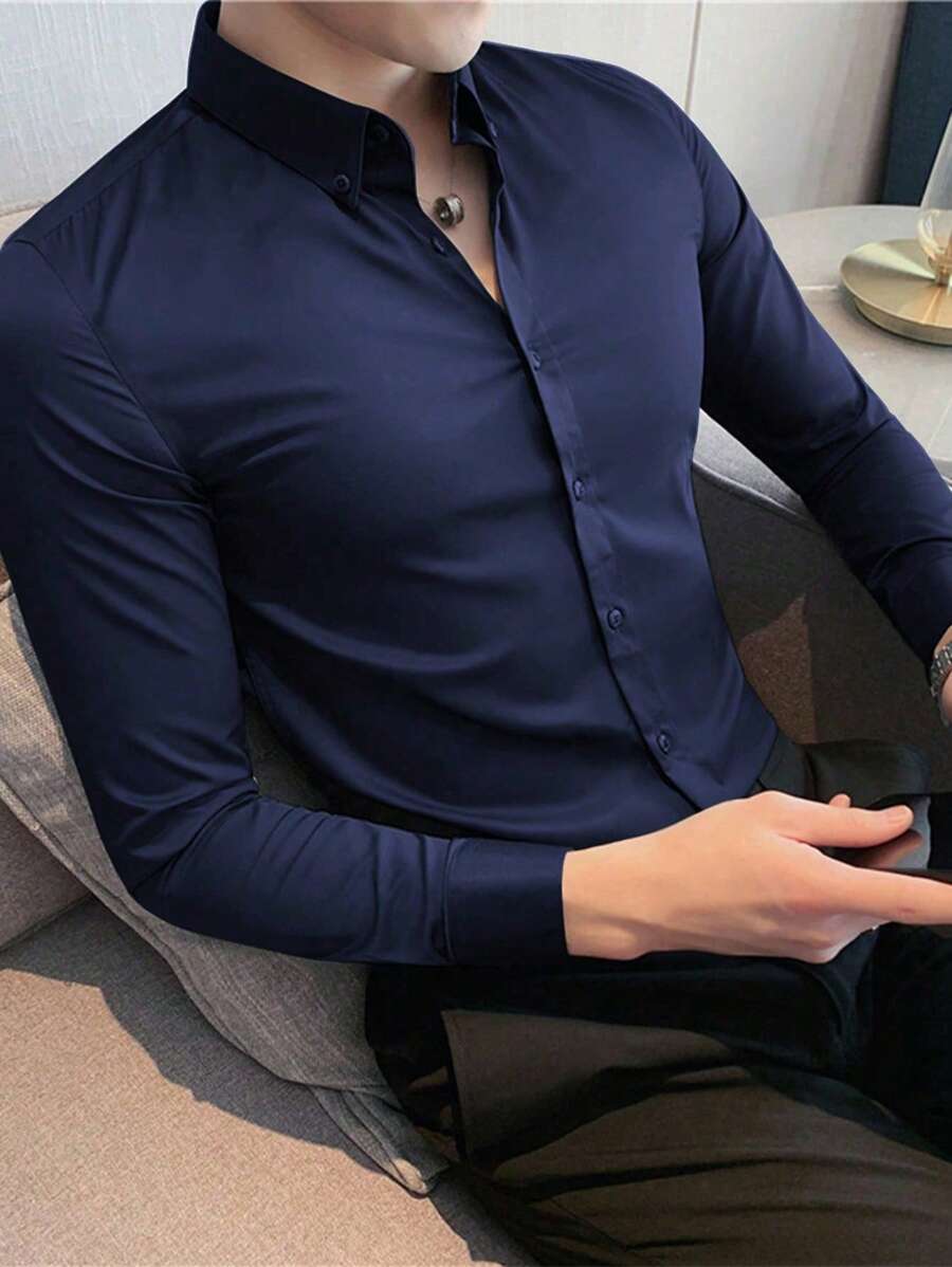 Manfinity Homme Men Solid Button Up Shirt, Men Navy Blue Shirt, Slim ...