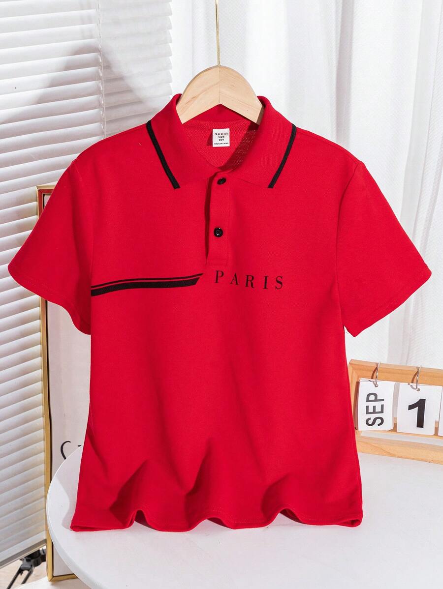 SHEIN Kids EVRYDAY Tween Boys' Loose Fit Casual Letter Pattern Polo ...