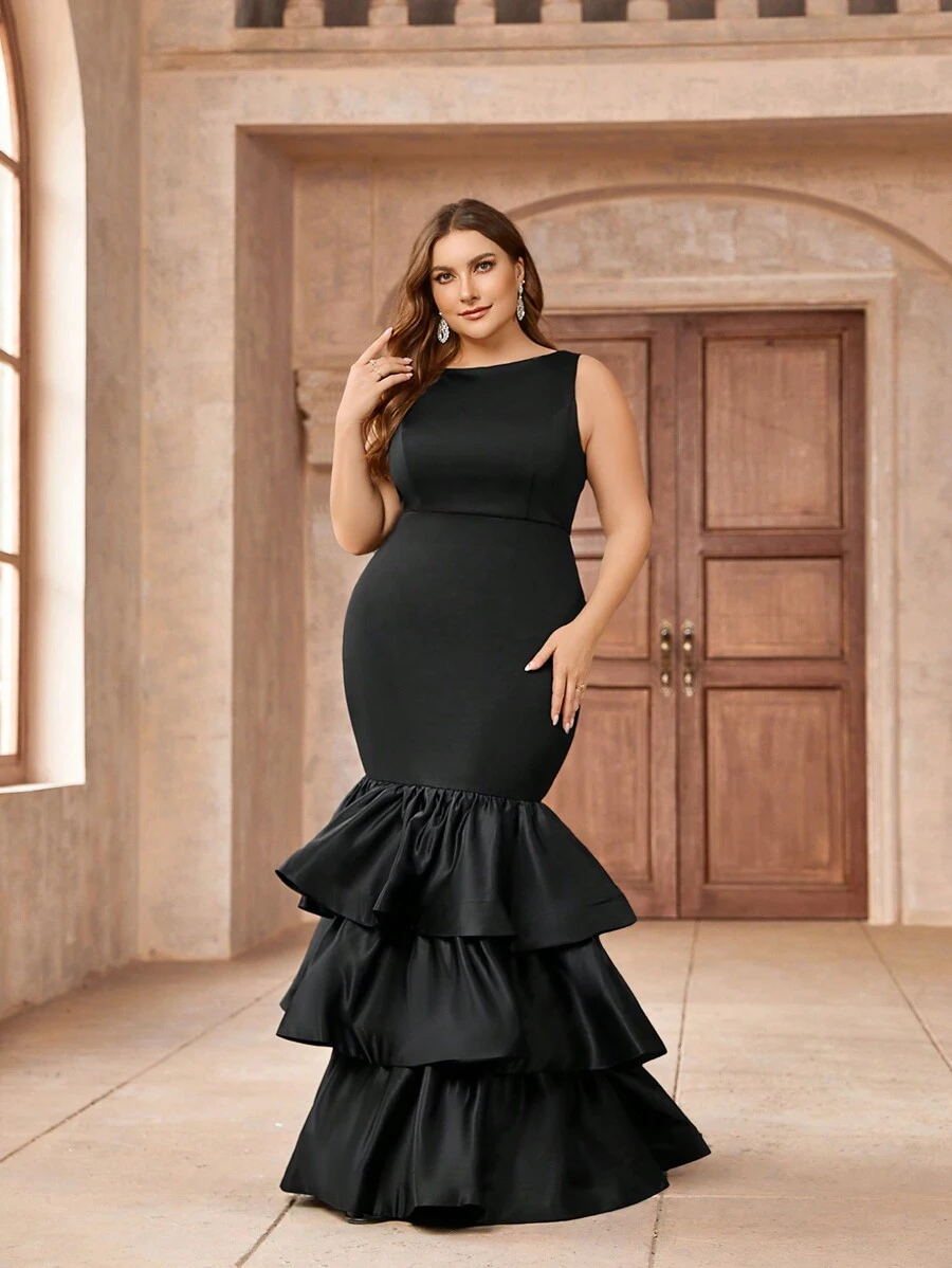 SHEIN Belle Black Boat Neckline Exaggerated Layered Cake Dress With ...