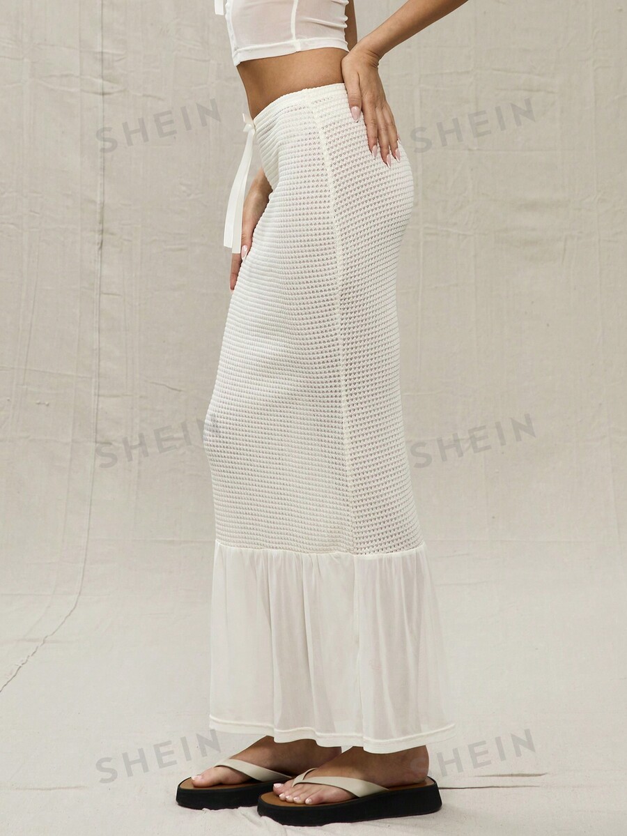 MUSERA Cream Textured Ribbon Detail Maxi Skirt | SHEIN USA