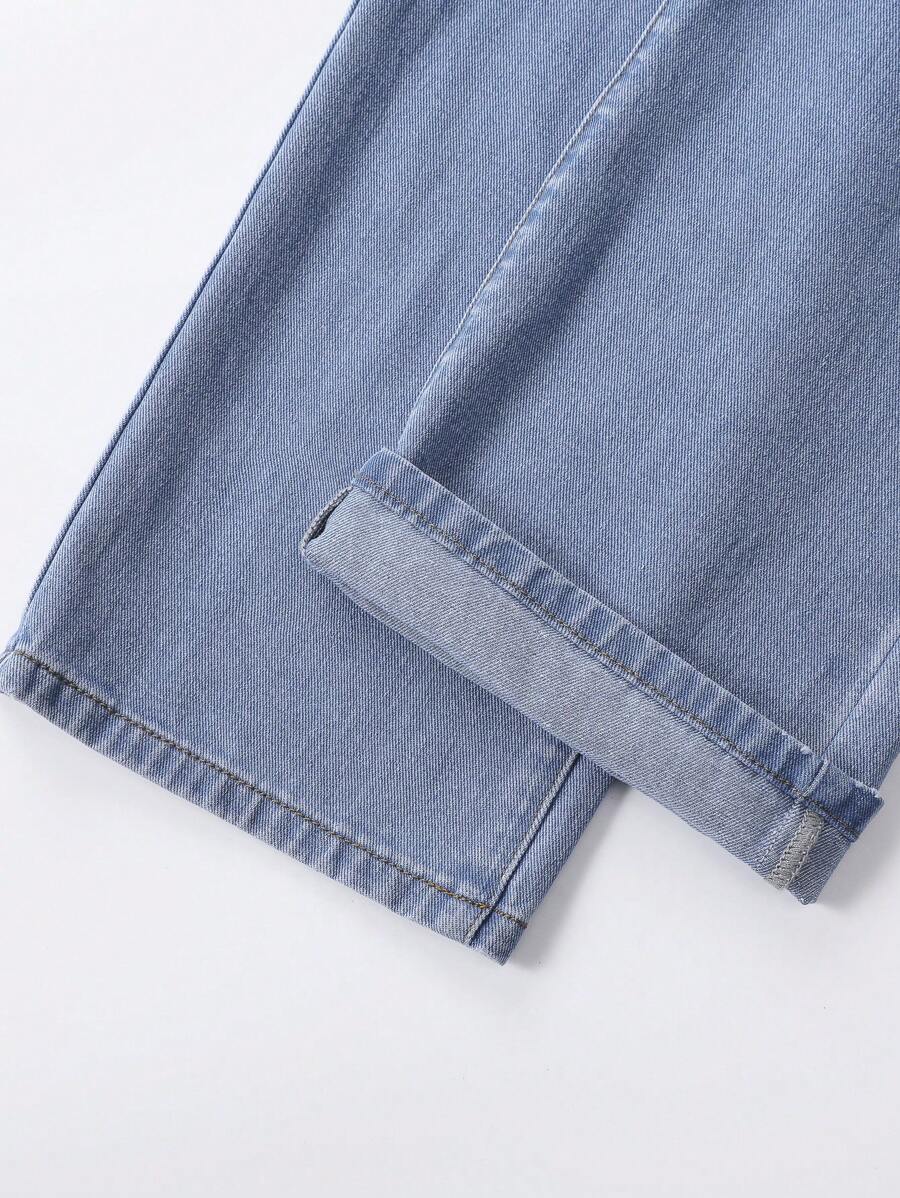 Basic Casual Light Blue Washed Elastic Waist Wide Leg Straight Jeans ...
