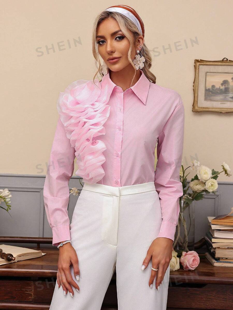 SHEIN Privé Women's Fashionable Pink 3d Floral Long Sleeve Lapel Shirt ...