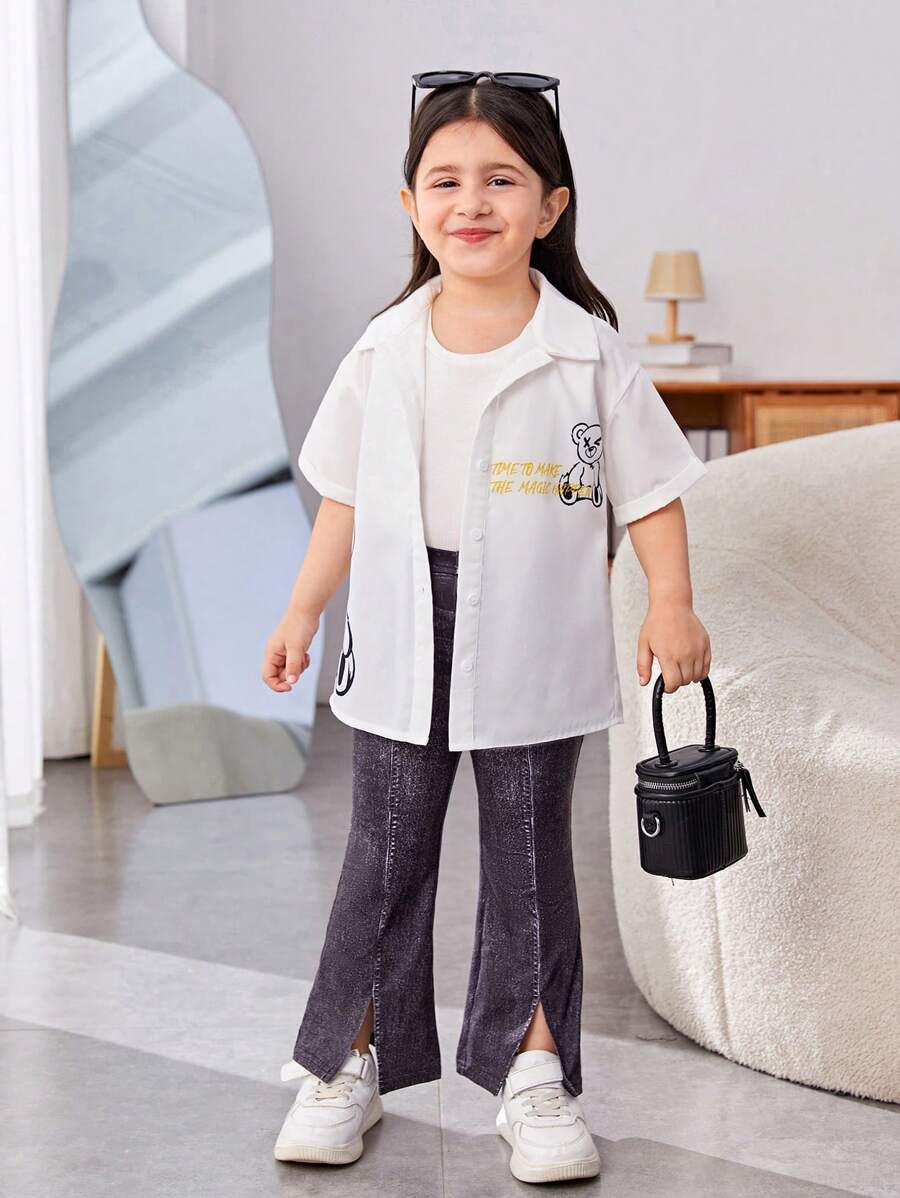 SHEIN 女子学生向け カジュアルで可愛い ゆるいフィットのキャンパススタイル半袖シャツ、ターンダウンカラーとクマ柄 | SHEIN JAPAN